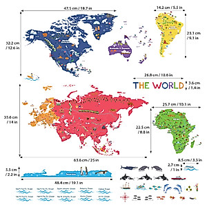 BASHOM BS-115 Large Animal Landmarks World Map Wall Decals Educational Stickers for Kids Nursery Bedroom Living Room Classroom Peel Stick Removable Poster mapa Mundi para pared Art