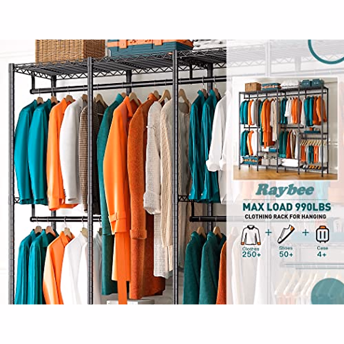 Raybee Clothes Rack, 77" H Clothes Racks for Hanging Clothes, 76" Wide Heavy Duty Clothes Rack, 990LBS All Metal Clothing Rack, Portable Clothes Rack, Clothing Racks for Hanging Clothes, Garment Rack