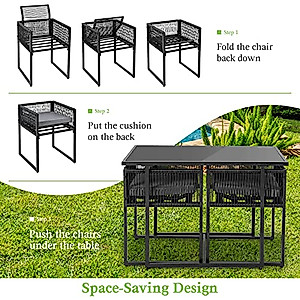 Tangkula 3 Pieces Outdoor Dining Set, Patio PE Rattan Furniture Set with Folding Backrest, Cozy Seat Cushions, Tempered Glass Tabletop, Space-Saving Rattan Chair Table Set for Backyard, Poolside