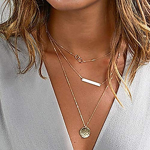 Turandoss Dainty Interlocking Circles Necklace Bar Hammered Disc Necklace 14K Gold Simple Necklace Women Jewelry Layered Necklace Gold Choker Necklaces for Women