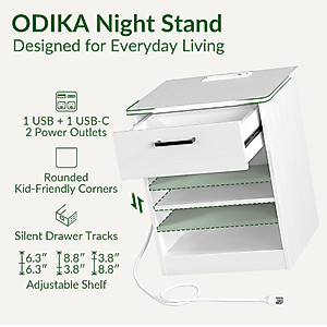 ODIKA Everyday Side Table with Fast Charging Station - USB C Cable Fast Charging, Wooden White Nightstand Bedside Table with Drawer, End Table with Optional Adjustable Shelf for Bedroom, Set of 1
