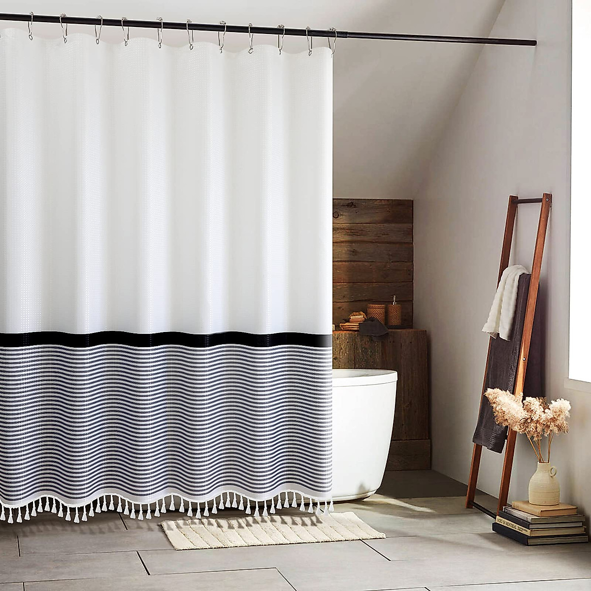 Modern Farmhouse Shower Curtain Set with 12 Hooks Grey Striped Fabric Waffle Shower Curtains Cloth for Bathroom Tassel Fringe Gray Boho Washable Shower Curtain Water Repellent Black Grey 72x78 Inch