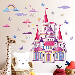 Pinenjoy Cartoon Castle Wall Decal Colorful Rainbow Clouds Butterfly Wall Stickers 39x30inch Fantasy Removable Self-Adhesive Vinyl Wall Clings for DIY Girls Bedroom Nursery Classroom Living Room