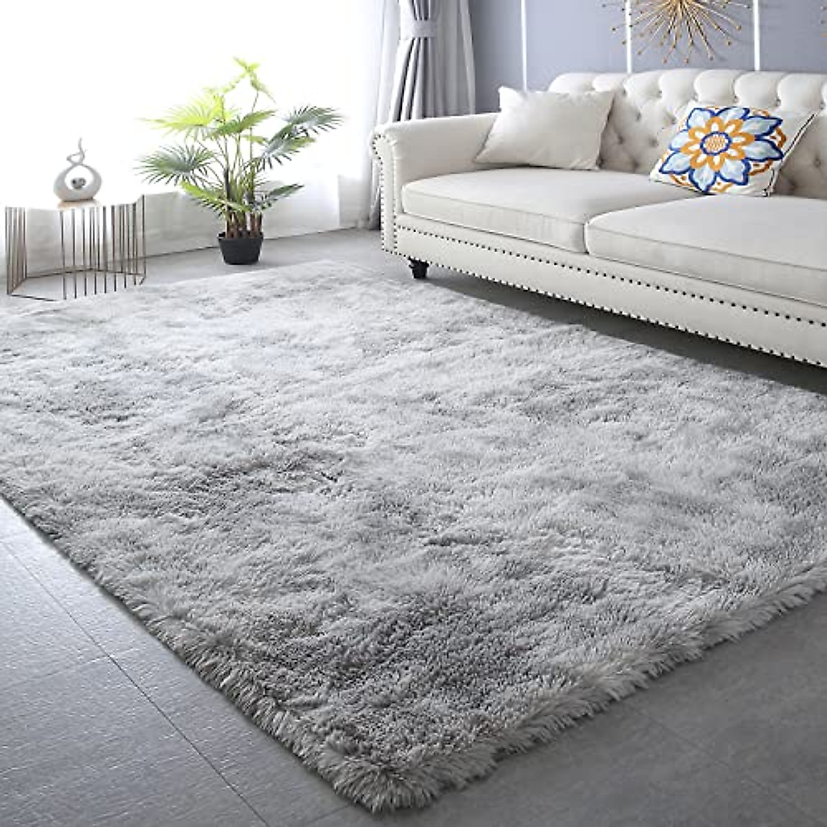 CAIYUECS Shag Area Rug,Indoor Ultra Soft Fluffy Plush Rugs for Bedroom Living Room, Non-Skid Modern Nursery Faux Fur Rugs for Kids Room Home Decor (Tie-Dyed Light Gray, 5x7 Feet)