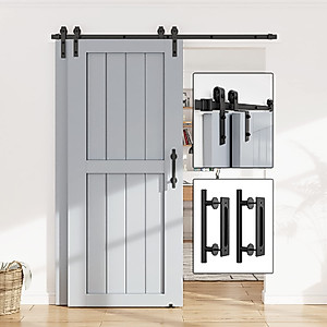 WINSOON 8FT Single Track Bypass Barn Door Hardware Double Doors Kit with 2PCS 12 Inch Sliding Barn Door Handles Black Hardware