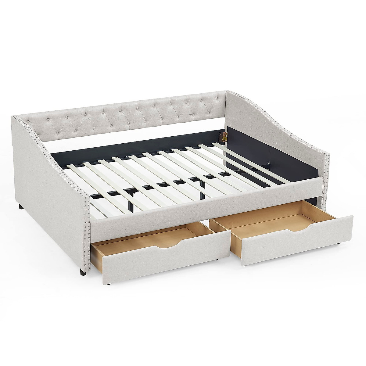 OMGO Upholstered Full Size Daybed with Two Storage Trundle Drawers, Solid Wooden Sofa Bed Frame w/Button Tufted Backrest, No Box Spring Needed, for Kids, Bedroom, Dorm