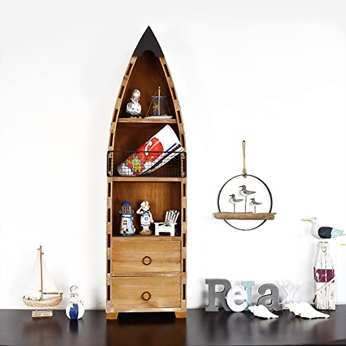 Aecipl Solid Wood Boat Shelf Decorative Nautical Wall Decor Beach Themed Bookcase Large Wooden 3-Tier Display Shelves for Home Kitchen Bedroom Living Room (45.3" H)