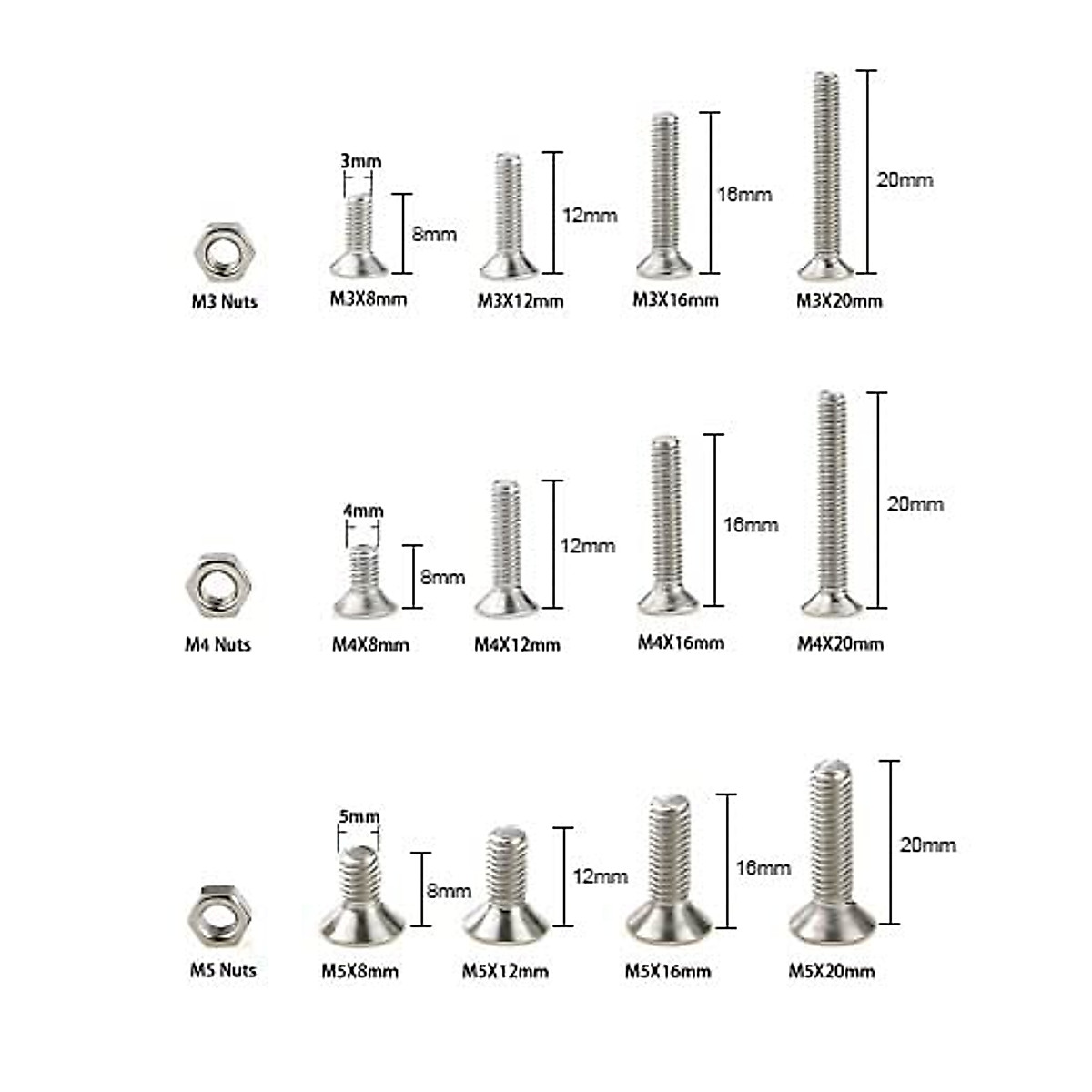 Hilitchi 460-Piece Metric M3 M4 M5 Hex Socket Flat Head Countersunk Bolts Screw Nut Assortment Kit - 304 Stainless Steel