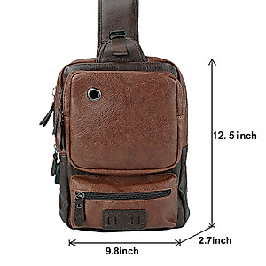 AONETIGER Small Brown Sling Crossbody Backpack Shoulder Bag, Vintage PU Leather Casual Daypack Rucksack with USB Charger bag for Men Women