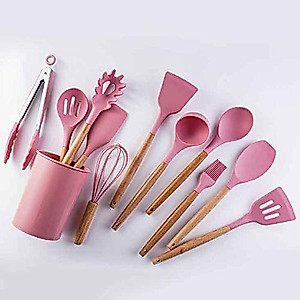 LMMDP Silicone Kitchen Tools Set Cooking Tools Utensils Set Spatula Shovel Soup Spoon with Wooden Handle Special Heat-resistant Design
