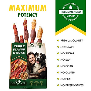 Triple Flavor Dog Rawhide Treats - Duck & Chicken Human Grade Meat - Natural Pet Dried Snacks - Grain Free Long Lasting Chews for Large & Small Dogs - Best Sticks for Healthy Teeth