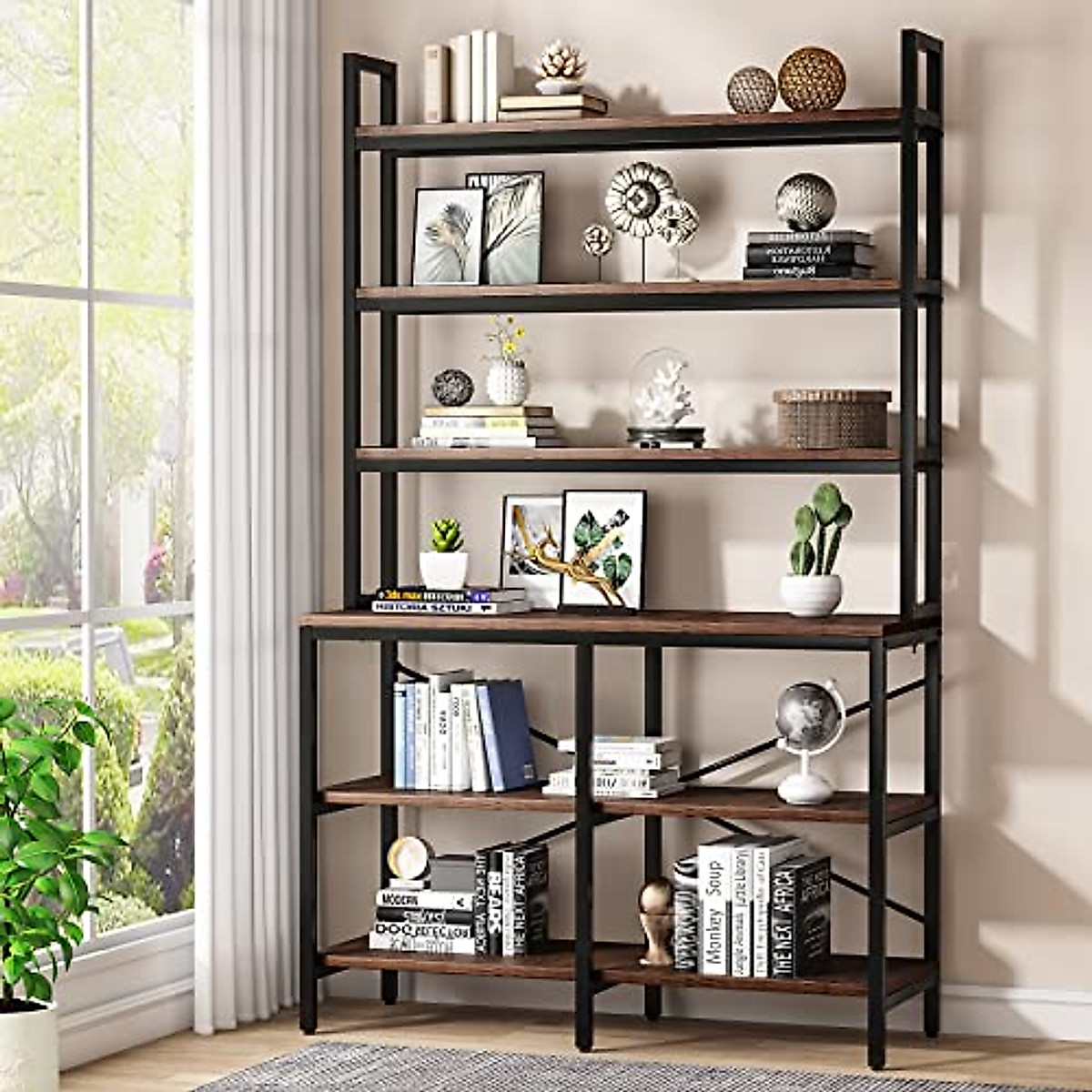 Tribesigns 6-Tier Bookshelf,Industrial Bookcase with Open Shelf,6 Shelf Storage Rack with X-Shaped Frame,Rustic Book Shelf for Living Room, Bedroom,Home, Office