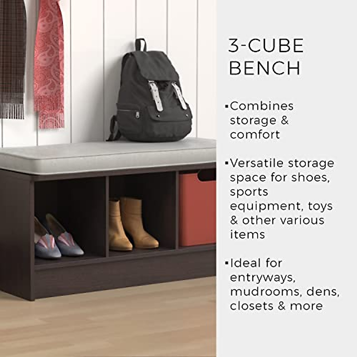 ClosetMaid 3258 Cubeicals 3-Cube Storage Bench, Natural Gray with Gray Cushion