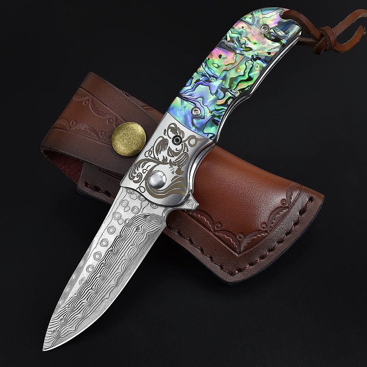 AUBEY Damascus Steel Pocket Knife with Clip, Abalone Shell Handle Folding Knife, Sharp EDC Hunting Knife with Leather Sheath for Camping Collection