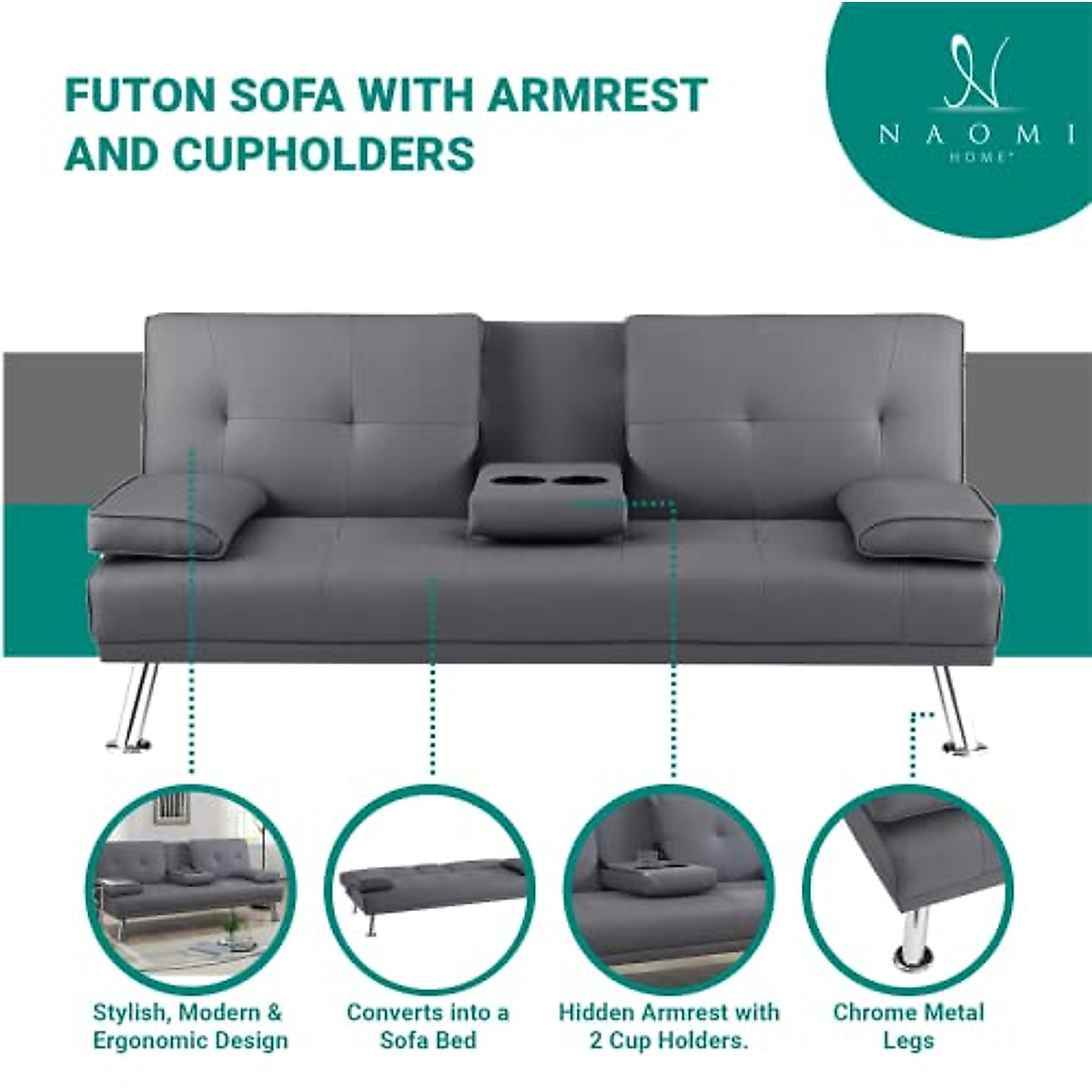 Naomi Home Futon Sofa Bed, Faux Leather Futon Couch with Armrest and 2 Cupholders, Pull Out Sofa Bed Couch Convertible with Metal Legs, Folding, Reclining Couch Bed, Futon Bed for Living Room - Gray
