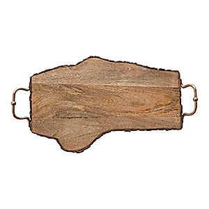 Creative Co-Op Mango Live Edge Wood Slab Serving Tray with Copper Finish Handles Cutting Board, 24" x 12.5", Natural