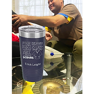 LaserGram 20oz Tumbler Mug | Some Heroes don't Wear Capes, They Wear Scrubs | Personalized Engraving Included (Navy Blue)