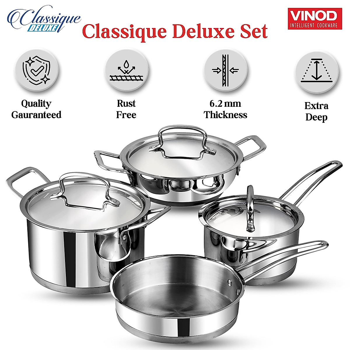 Vinod Classic Deluxe Stainless Steel Cookware Combo Set of 4 Pcs/Saucepan, Saucepot, Kadai and Frypan/Deep Kadhai for Cooking/Heavy Induction Bottom