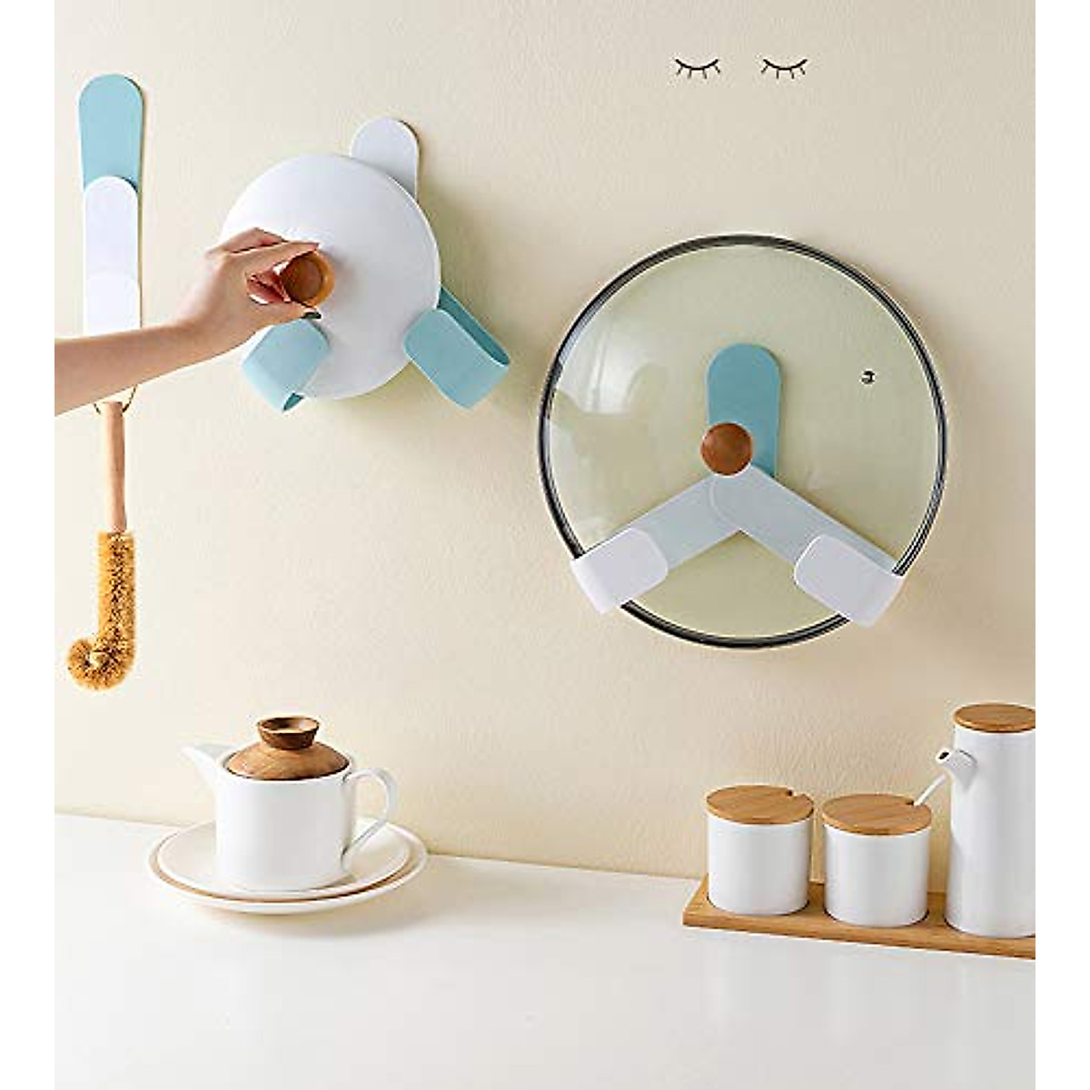 Self Adhesive Pot Lid Holder, 2 Pack Folding Wall Door Mounted Pot Lid Rack, Pots and Pans Organizer for Cabinets, Adjustable Hanging Pan Cover Cutting Board Storage Kitchen Utensil Tool Set