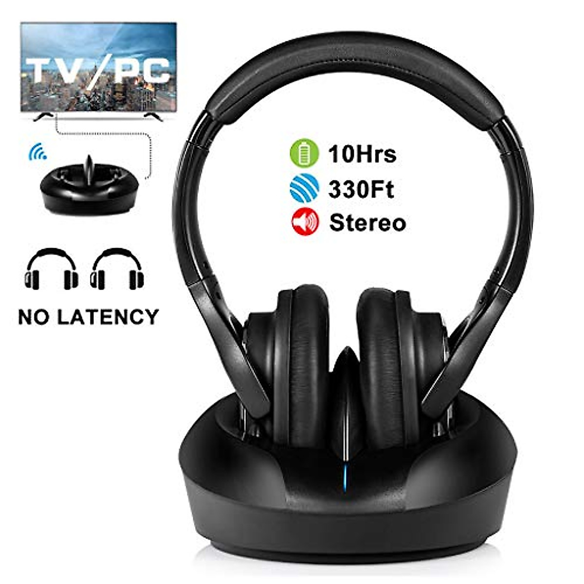 ZANCHIE Wireless TV Headphones Over Ear Headsets-RF Transmitter Charging Dock, Hi-Fi Stereo Cordless Headphones for TV, Adjustable Lightweight Rechargeable 10Hrs Battery for Hard of Hearing, 330ft