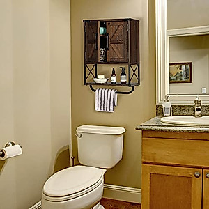 RUSTOWN Farmhouse Rustic Medicine Cabinet with Two Barn Door,Wood Wall Mounted Storage Cabinet with Adjustable Shelf and Towel Bar, 3-Tier Bathroom Cabinet for Bathroom, Living Room (Dark Walnut)