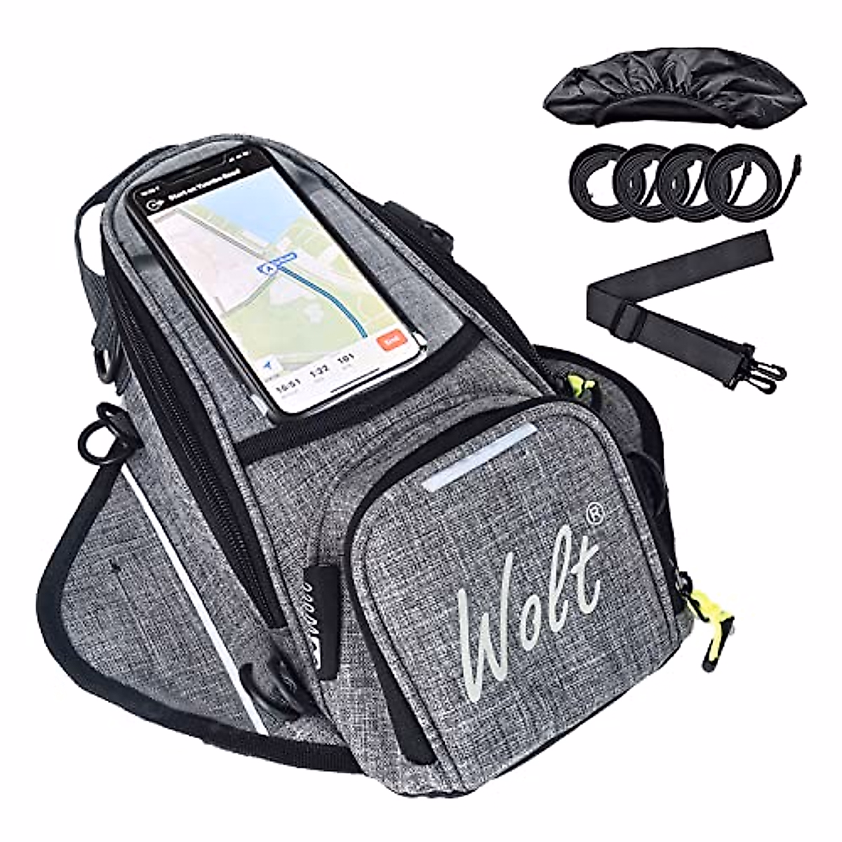 WOLT Powersports Motorcycle Tank Bag With waterproof rain cover Strong Magnetic, Motorbike Bag Transparent Pocket For Cell Phone Navigation, Update Version (Grey) …