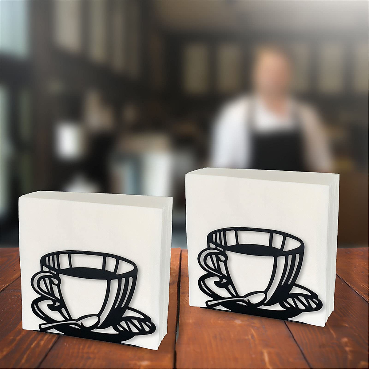 MAINFOR 2 Pcs Napkin Holders for Table, Black Farmhouse Kitchen Cocktail Dining Paper Napkin Holder, Stainless Steel Napkin Dispenser Holder (Coffee Cup Theme)