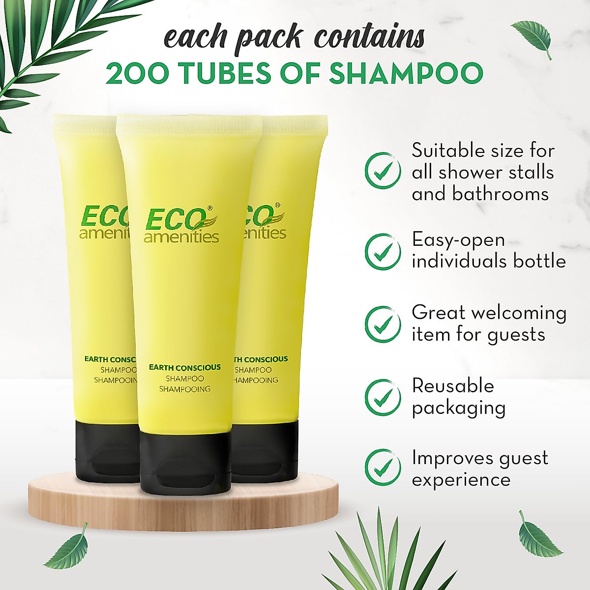 ECO amenities Travel Size Shampoo Bulk - 200 PACK, 30mL, 1 oz Hotel Shampoo Supplies for Guests - Green Tea Scent Eco Shampoo, Mini Shampoo with Flip Cap and Biodegradable Clear Container
