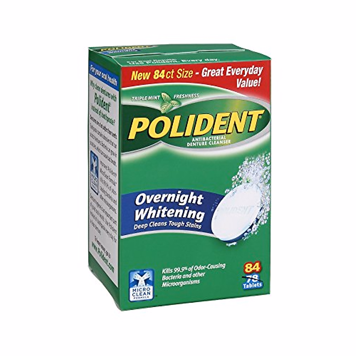 Polident Overnight Whitening Triple Mint Freshness Denture Cleaner Tablets - 84 CT