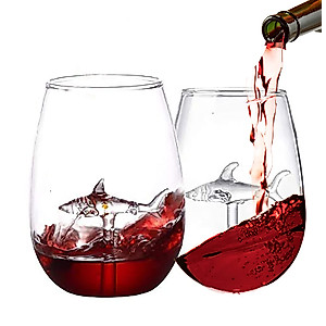 Shark Wine Glass, Premium Crystal Glasses with Shark Inside Shark Stemless Wine Glass, for Birthday Anniversary Wedding Party Christmas Father's Day Perfect for Red and White Wines（Set of 2）