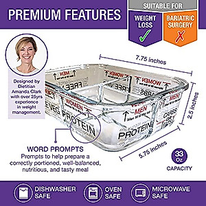 Portion Perfection Portion Control Container - Glass Meal Prep Containers Reusable for Food/Lunchbox 3pk, Oven-safe, 3 Compartment with Lids, Practical Weight Control, Clear Instruction Guide