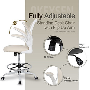 Drafting Chair Tall Office Chair, Standing Desk Chair 3.9'' Cushion, Ergonomic Mesh Computer Chair with Adjustable Foot Ring & Flip-Up Arm, Executive Rolling Swivel Stool for Office & Home. (Beige)