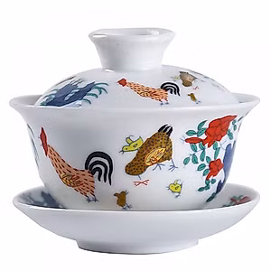 Bicuzat Funny Chicken Rooster Pattern Gaiwan Tea Cup, Kung Fu Teacups, 5 oz Cup and Saucer Set with Lid
