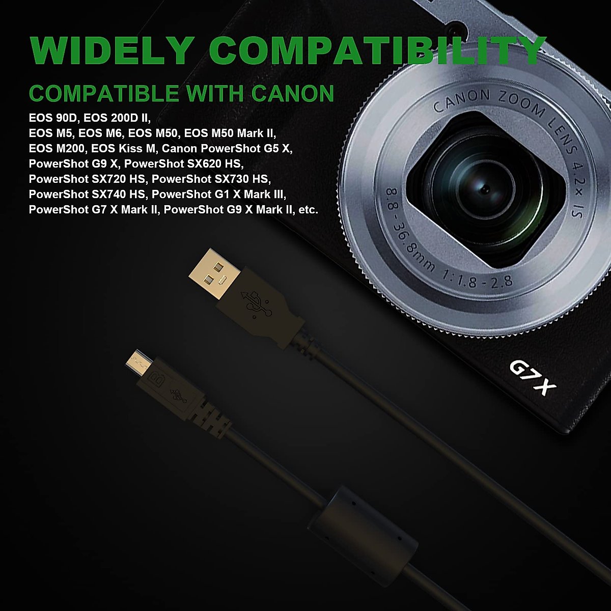 Toeasor Replacement Micro USB Interface Cable IFC-600PCU Charging Date Sync Cord Compatible with PowerShot G7X Mark II, G9 X, G9 X Mark II, SX620 HS, SX720 HS, SX730 HS, EOS M5, EOS M6
