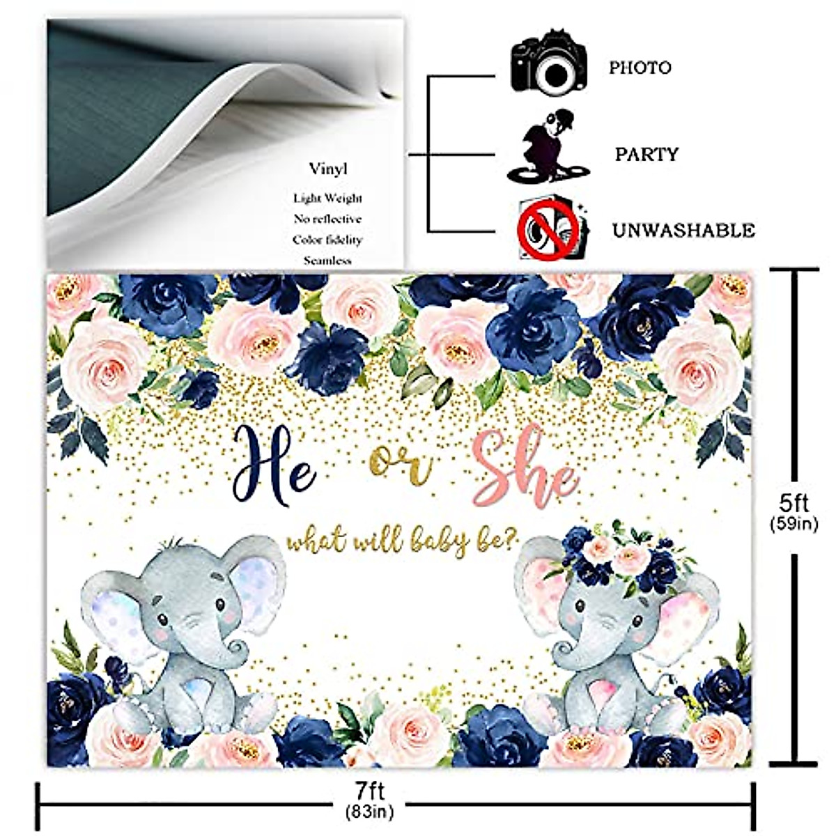 Avezano Navy and Blush Elephant Gender Reveal Backdrop He or She Navy Blue Blush Pink Floral Elephant Gender Reveal Photography Background Pregnancy Reveal Surprise Boy or Girl Party Decoration(7x5ft)