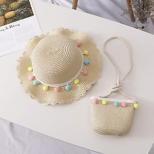 Toddler Baby Girls Straw Hat Wide Brim Sun Hat with Shoulder Bag Set Cute Pompom Beach Hat (Head circumference50-52cm/19.7-20.5", Beige)