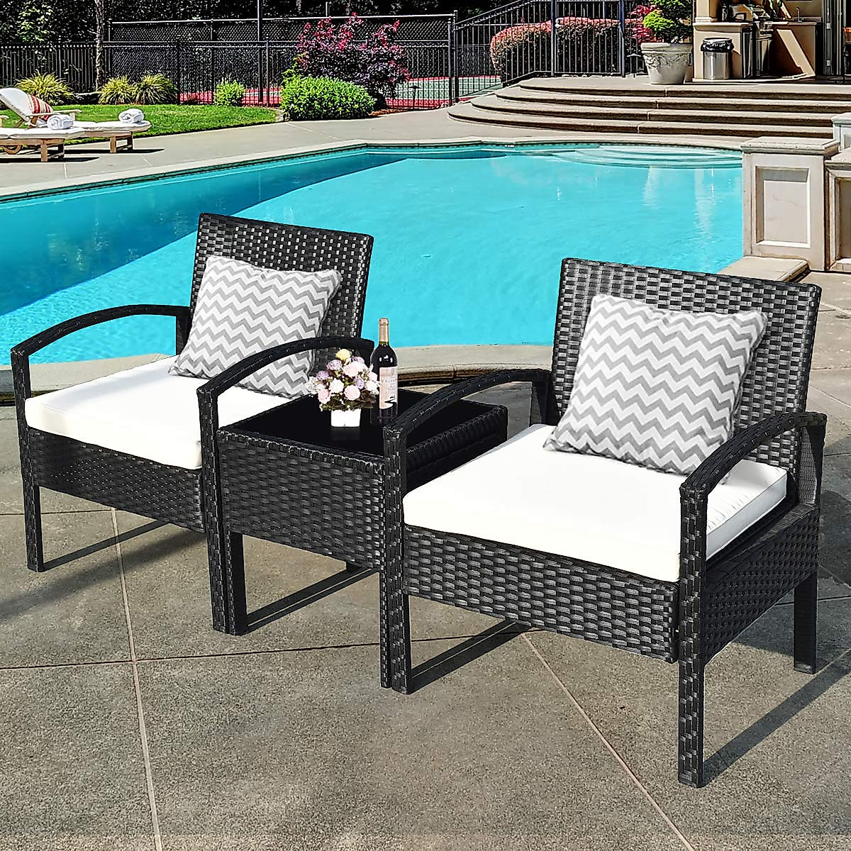 Tangkula 3 Piece Patio Conversation Set, Outdoor Rattan Sofa Set with White Seat Cushions & Coffee Table, Patio Wicker Furniture Set for Garden Balcony Backyard Poolside (Black)