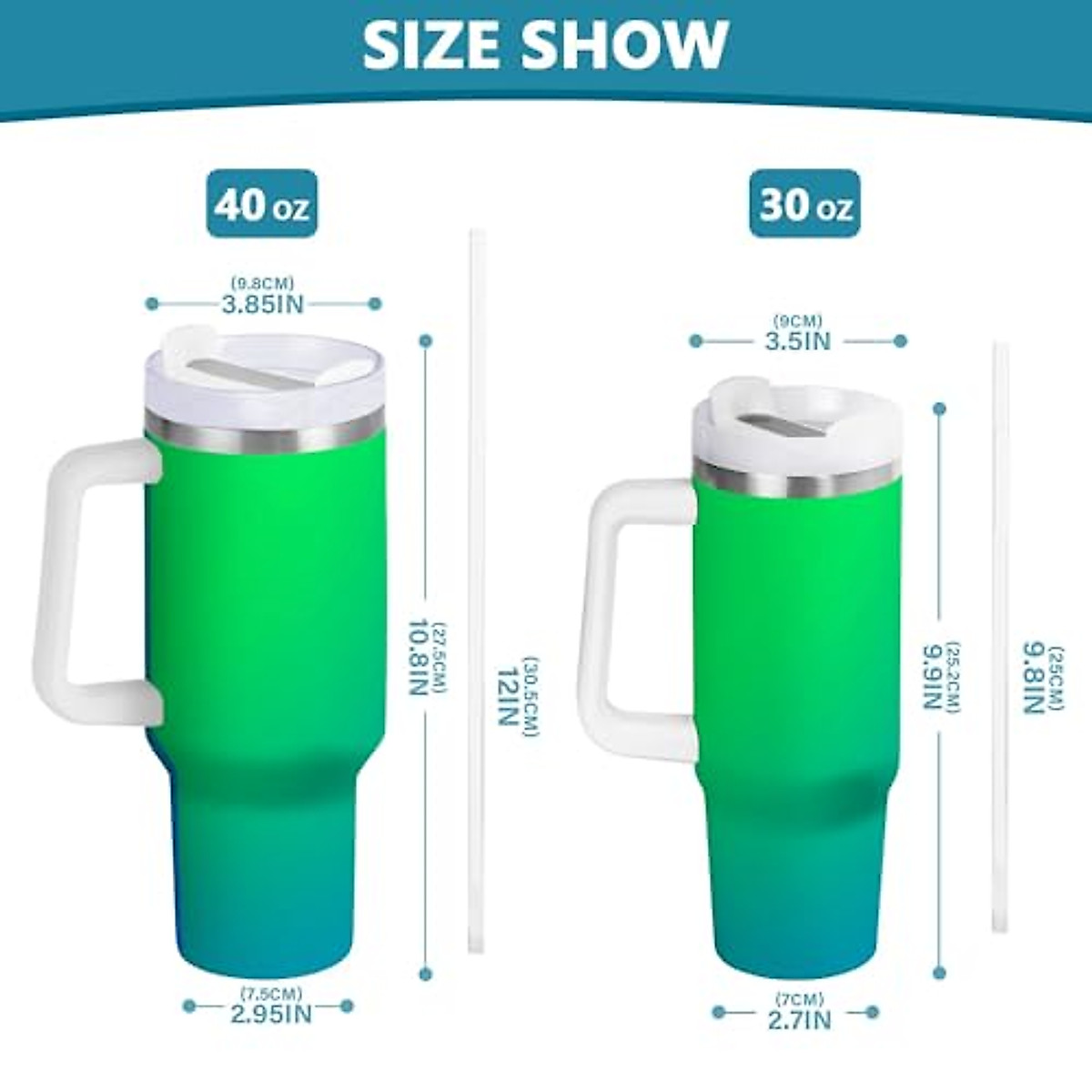 ODAWA Green Blue Gradients Insulated Tumblers 40 Oz Travel Mugs with Handle and Straw Lid