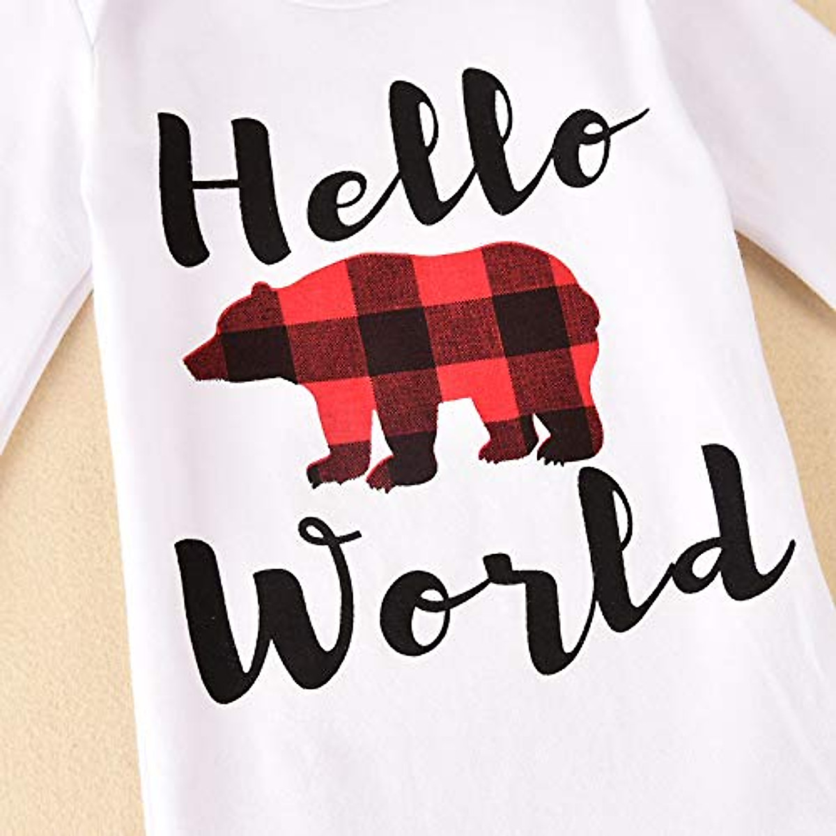 Newborn Baby Boy Winter Clothes Hello World Letter Print Baby Bear Outfits Buffalo Plaid Pants Hat Christmas 3PCS Sets (Hello World, Preemie)