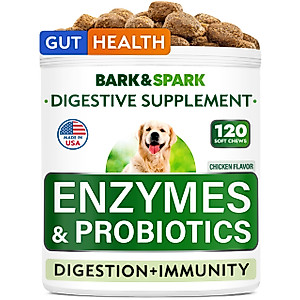 BARK&SPARK Dog Probiotics & Digestive Enzymes (Gut Health) Allergy & Itchy Skin - Pet Diarrhea Gas Treatment Upset Stomach Relief Pill, Digestion Health Prebiotic Supplement Tummy Treat (120Ct Bacon)