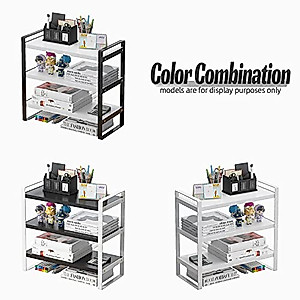 feejee 3 Tiers Desktop Shelf Organizers and Storage with Metal Frame Wood Board Racks for Office, Dorm, School Small Display Shelves Mini Bookshelf Corner Shelving (Frame Black&Tier White, 3 Tiers)