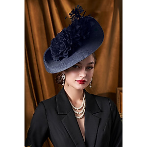 BABEYOND Tea Party Fascinator Hat for Women Kentucky Headwear Feather Derby Pillbox Wide Church Hat for Cocktail Wedding Navy Blue
