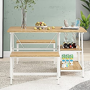 SogesGame Dining Table Set 3 Piece Kitchen Table Set Breakfast Table Set with Benches and Wine Rack Glass Holder 47.2 in Dining Room Table Set for 4 Oak