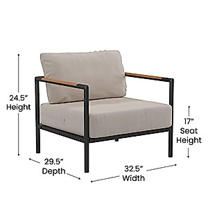 Flash Furniture Modern Patio Chair With Cushions - Contemporary Black Frame and Teak Accented Arms - Beige Cushions - Zippered Removable Covers