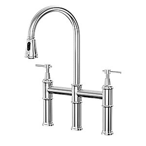 Blemoacha Bridge Kitchen Faucets with Sprayer 3 Holes Modern Kitchen Sink Faucet with Pull Down Sprayer Stainless Steel,2 Handle Swivel Spout Solid Faucet (Chrome)