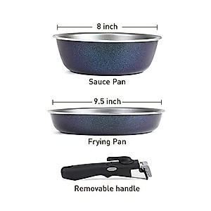 SHINEURI 3 Pieces Removable Handle Cookware, Stackable Pots And Pans Set, Nonstick Pot and Pan Set,Nonstick Frying Pans for Home & Camping, Dishwasher Safe, Oven Safe - 8/9.5 inch