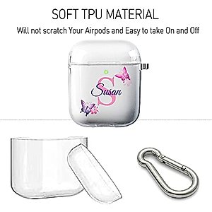 Custom Name & Initial Crystal Clear Airpods Case for Apple AirPod 1 and 2nd Generation，Thin Shockproof Protective Customized Transparent Case（Purple Butterfly）