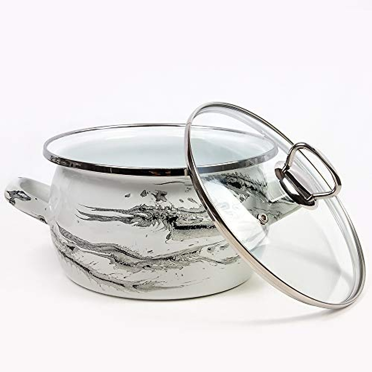 Enamel Stock Pot Shake White and Black Enamelware Pot Enamel Cooking Pot with Glass Lid (5.3-qt. (5 L))