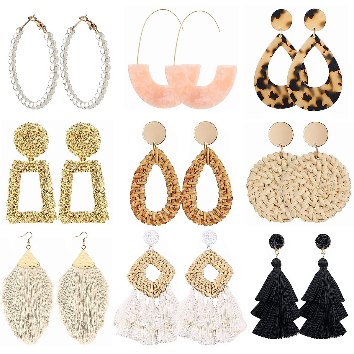 9 Pairs Rattan Earrings Tassel Woven Bohemian Earrings Straw Earrings Lightweight Acrylic Pearl Hoop Earrings Handmade Wicker Braid Drop Dangle Statement Earrings for Women