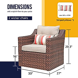 SUNSITT Patio Outdoor Furniture 2-Piece Brown Wicker Single Club Chairs w/Beige Olefin Cushions & Striped Throw Pillow